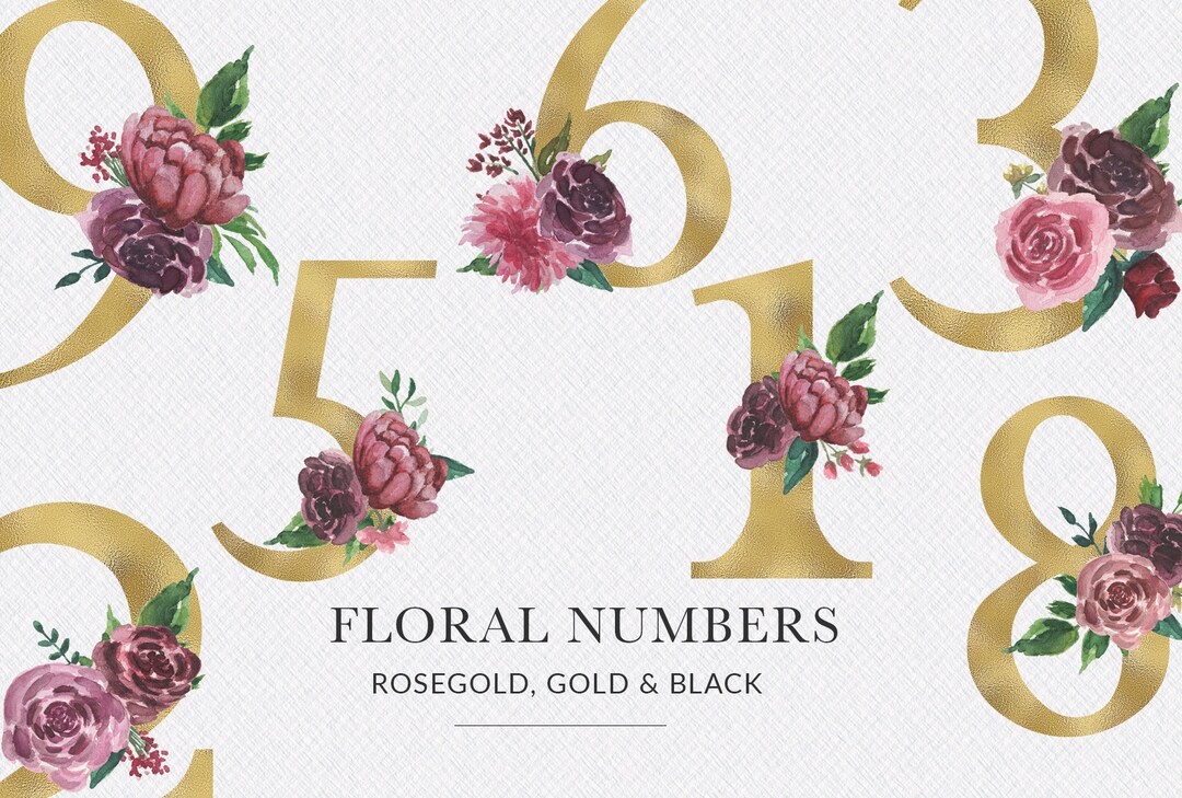 Watercolor Floral Numbers Gold Numbers Floral Numbers Monogram Letters ...