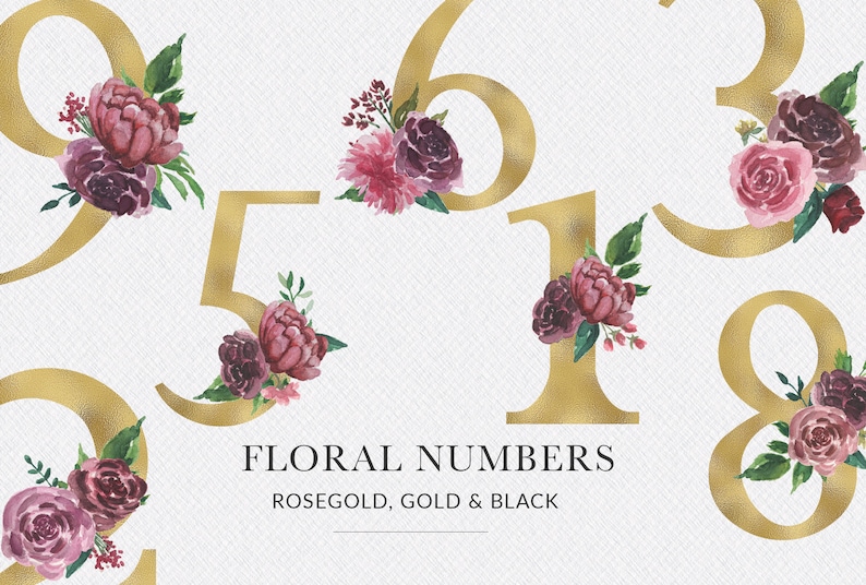 Watercolor Floral Numbers Gold Numbers Floral Numbers Monogram Letters ...