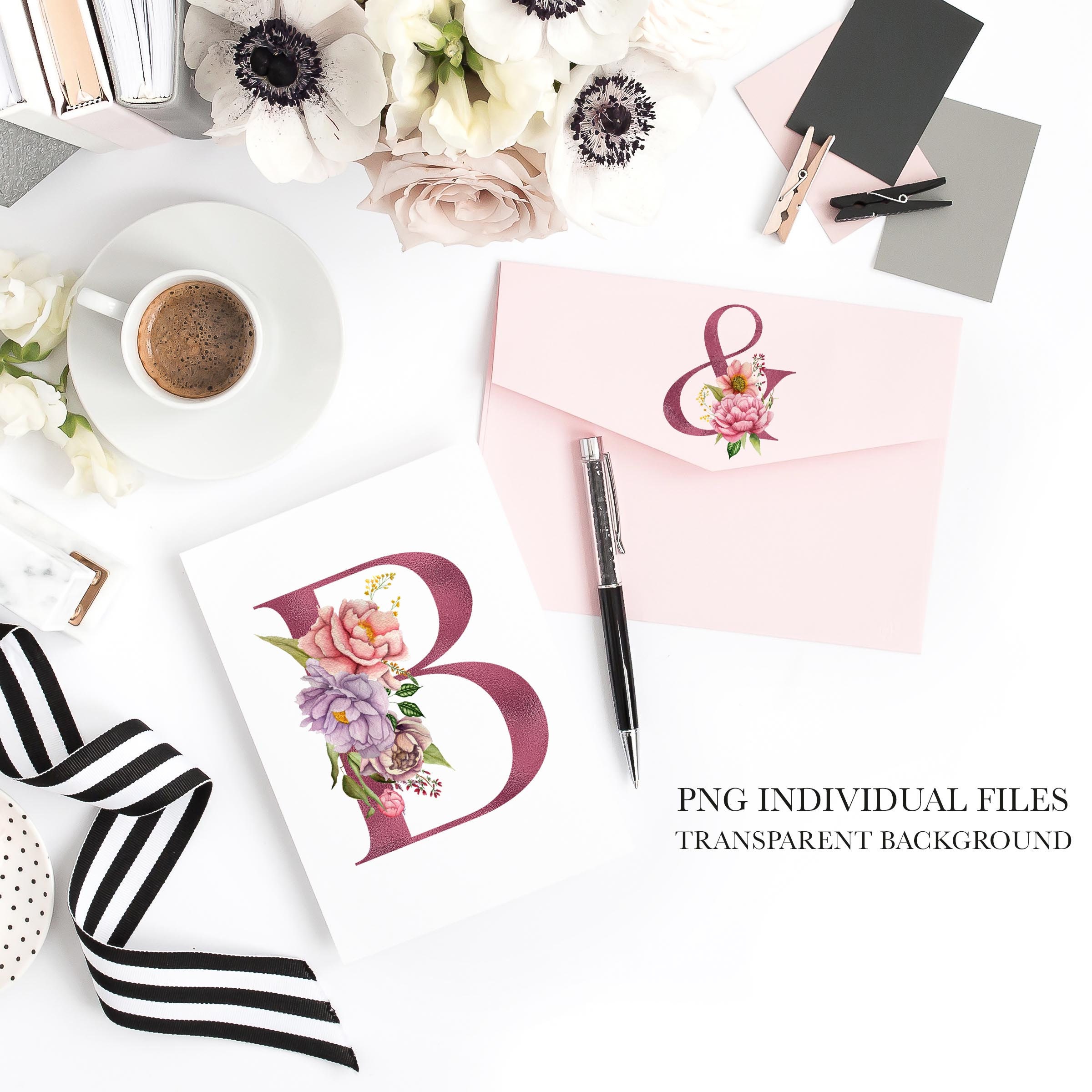 Watercolor Floral Alphabet Rose Alphabet Monogram Letters Flowers ...