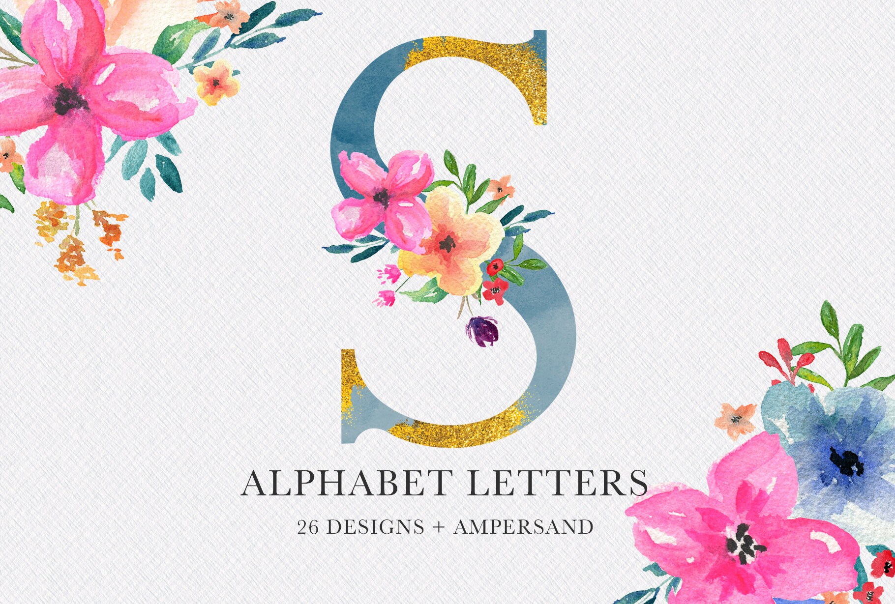Watercolor Floral Alphabet gold Alphabet Monogram Letters Alphabet ...
