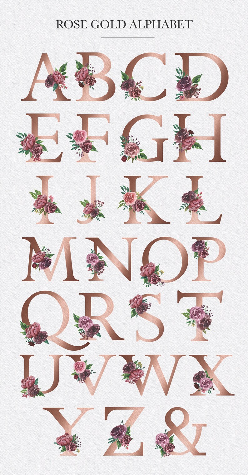 Watercolor Floral Alphabet Rose Gold Alphabet Monogram Letters Forest ...