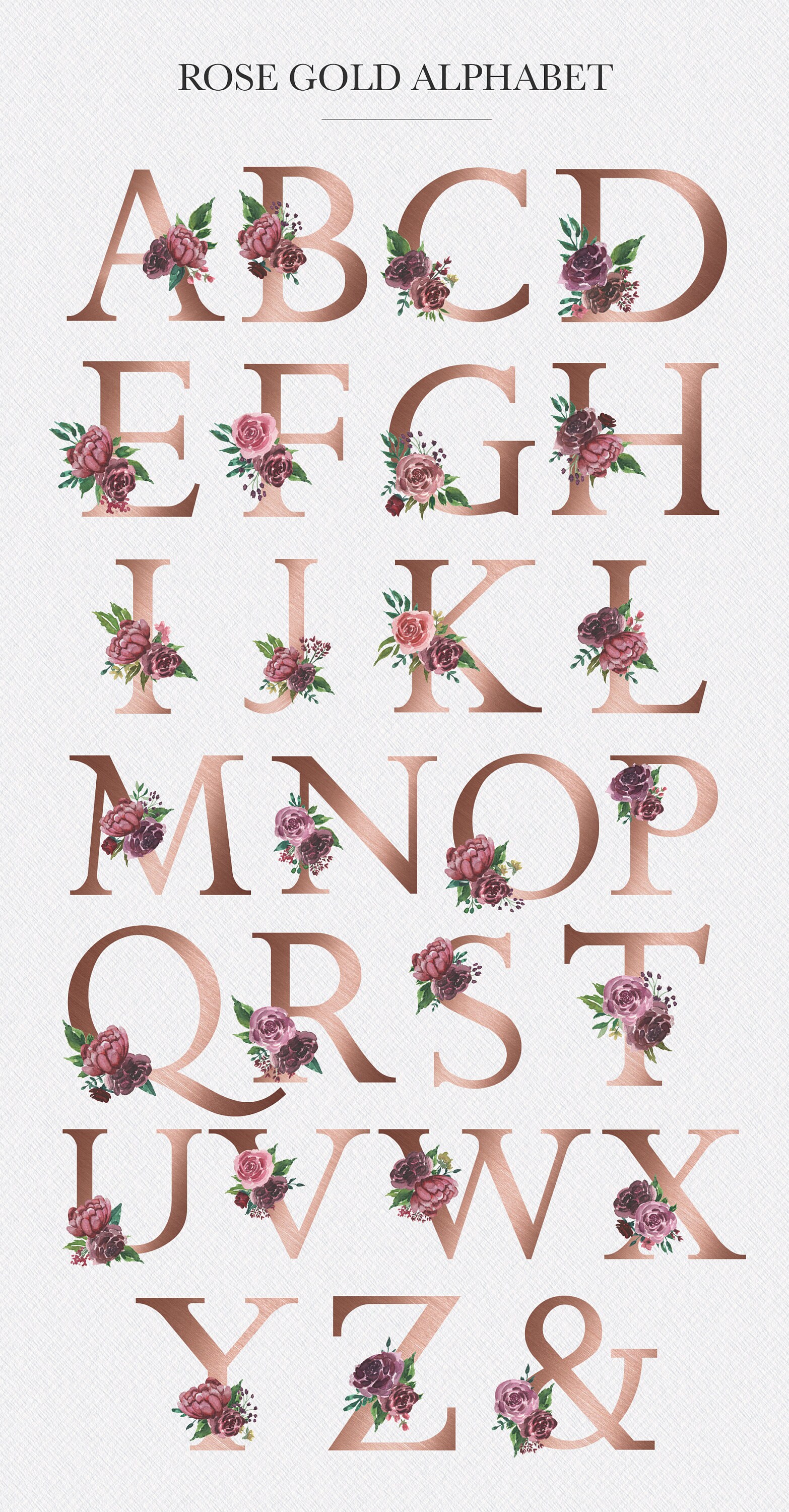 Watercolor Floral Alphabet Rose Gold Alphabet Monogram Letters Forest ...