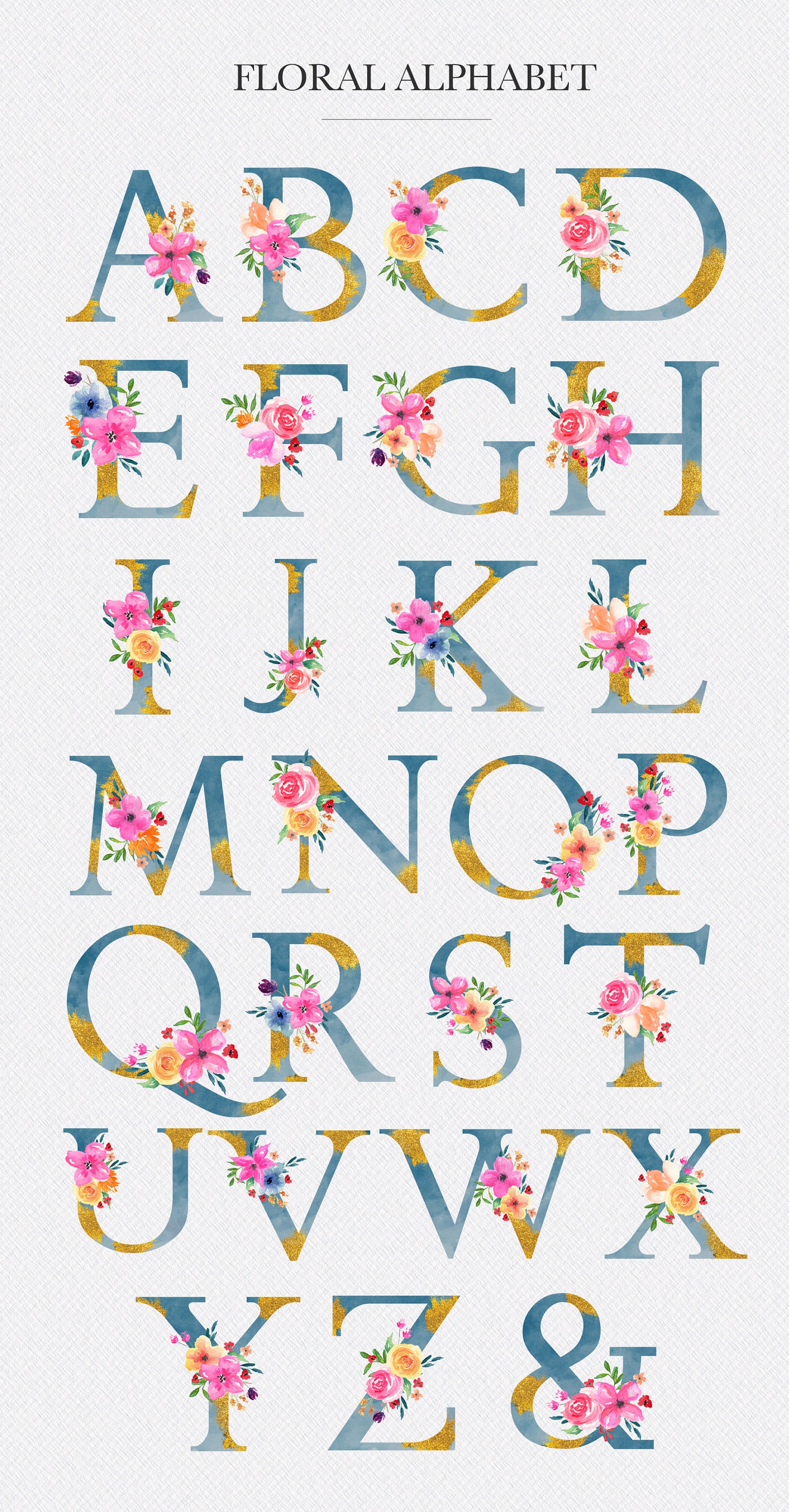 Watercolor Floral Alphabet gold Alphabet Monogram Letters Alphabet ...