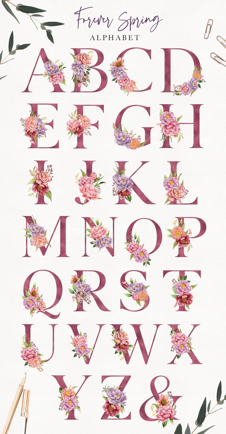 Watercolor Floral Alphabet Rose Alphabet Monogram Letters Flowers ...