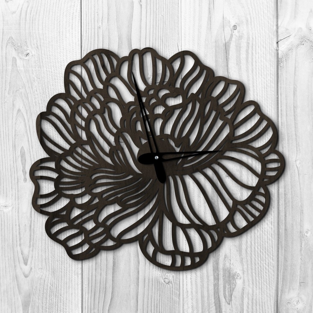 Wood Peony Clock, Botanical Wall Clock,wooden Wall Clock,flower Wall ...