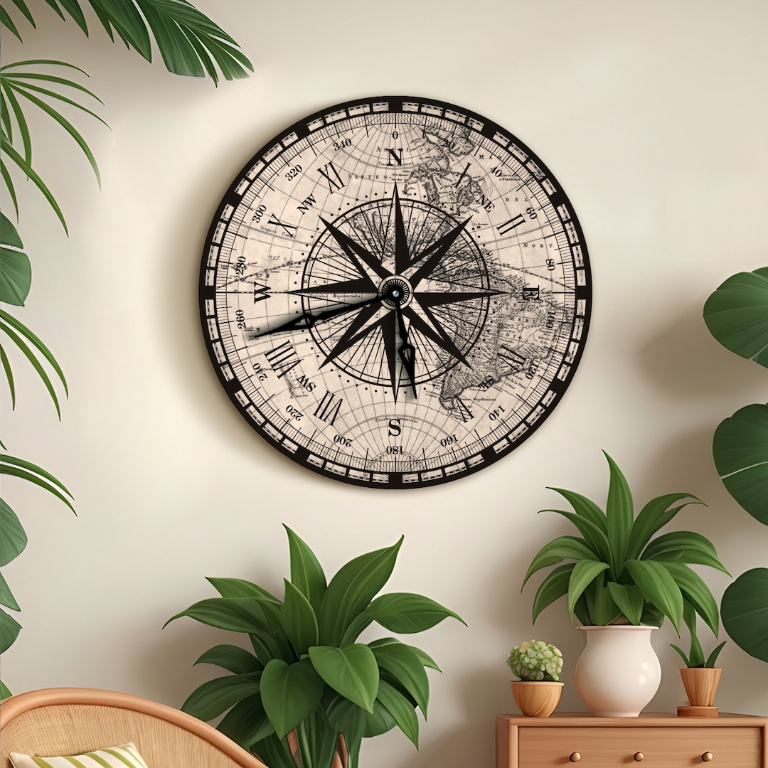 Compass Wall Clock,compass Rose Clock,world Map Clock,rose Wind Clock ...