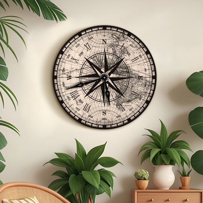 Compass Wall Clock,compass Rose Clock,world Map Clock,rose Wind Clock ...