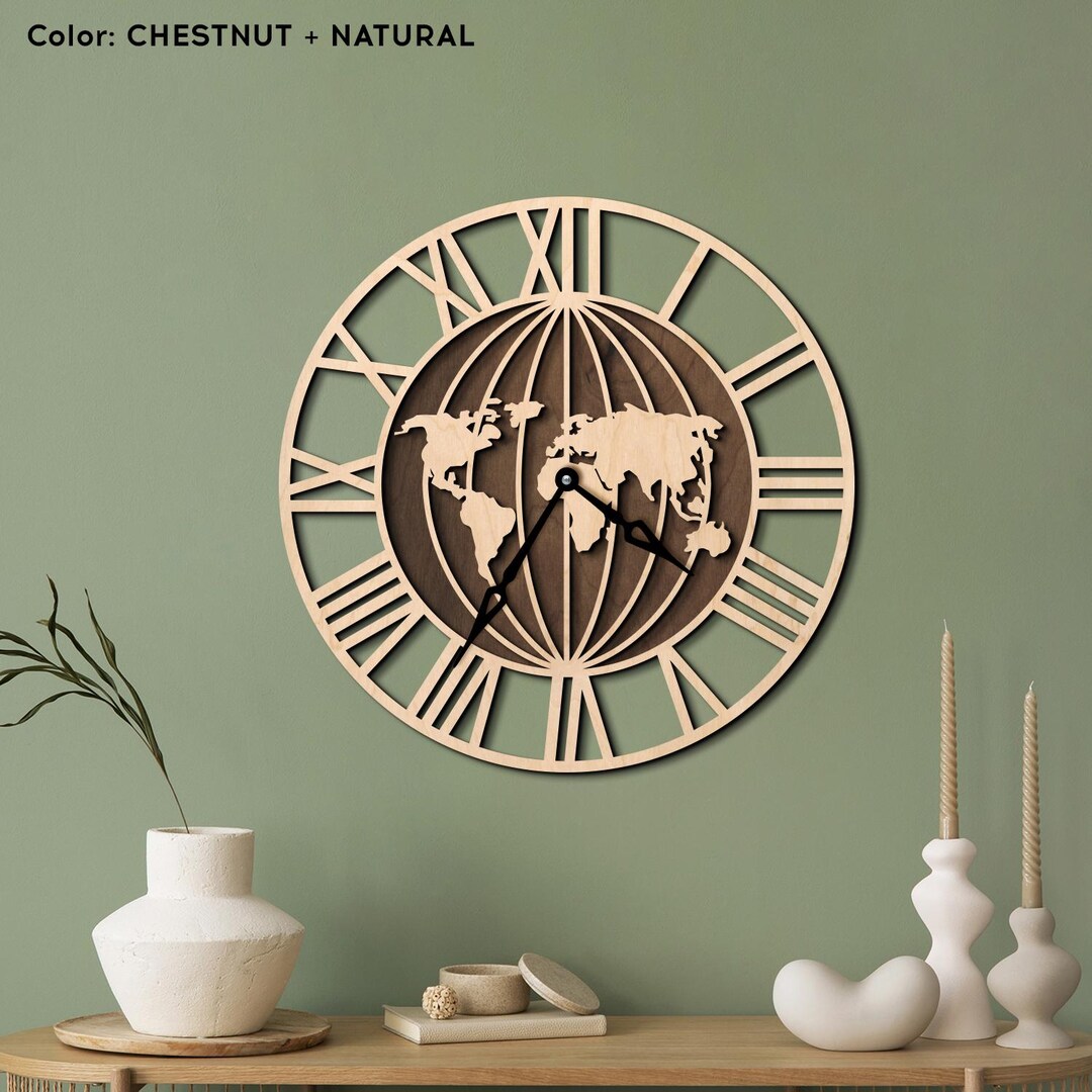 World Map Clock, Globe Clock, Wooden Wall Clock, Earth Wall Clock ...