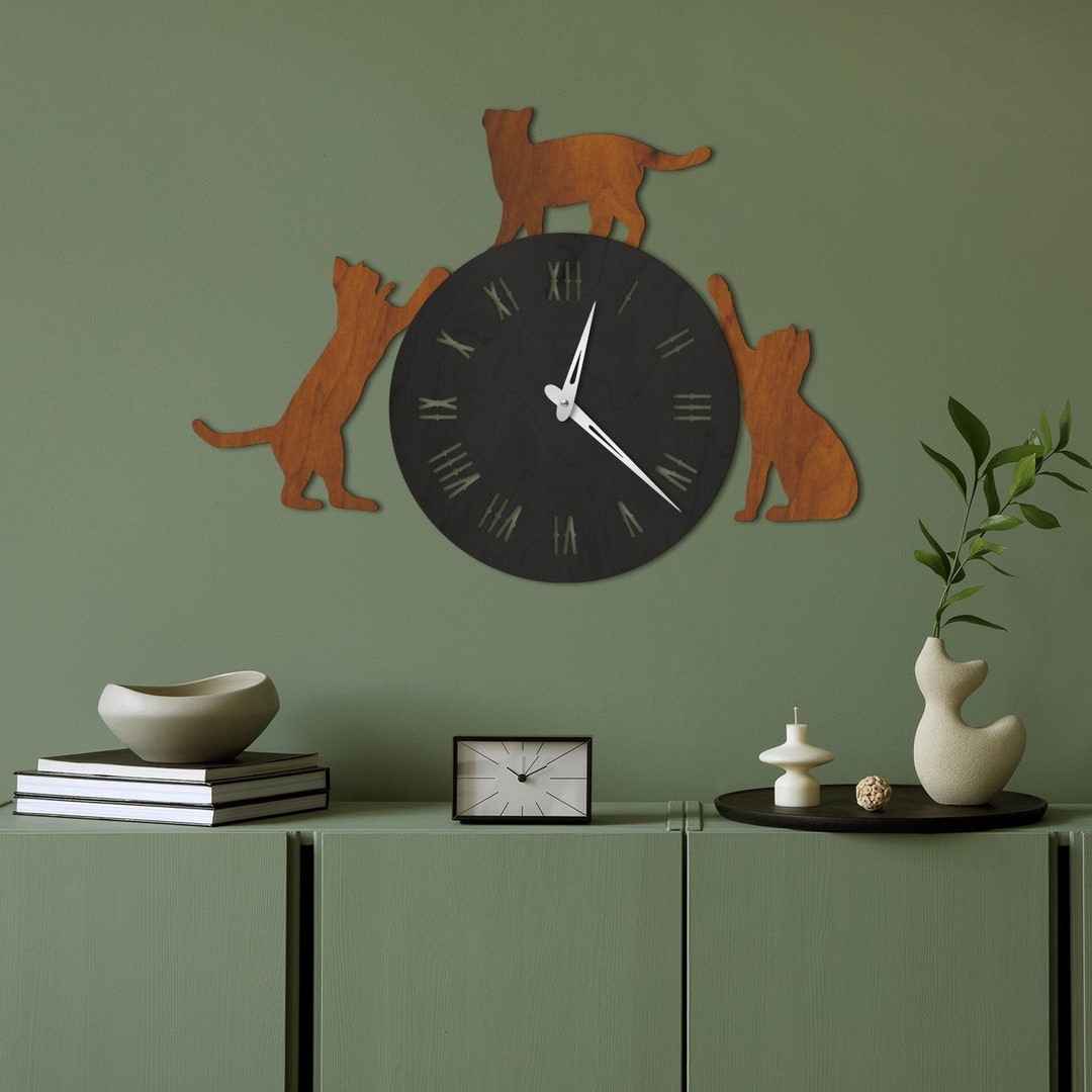 Three Cats Clock, Wooden Cats Clock, Wooden Wall Clock, Animal Clock ...
