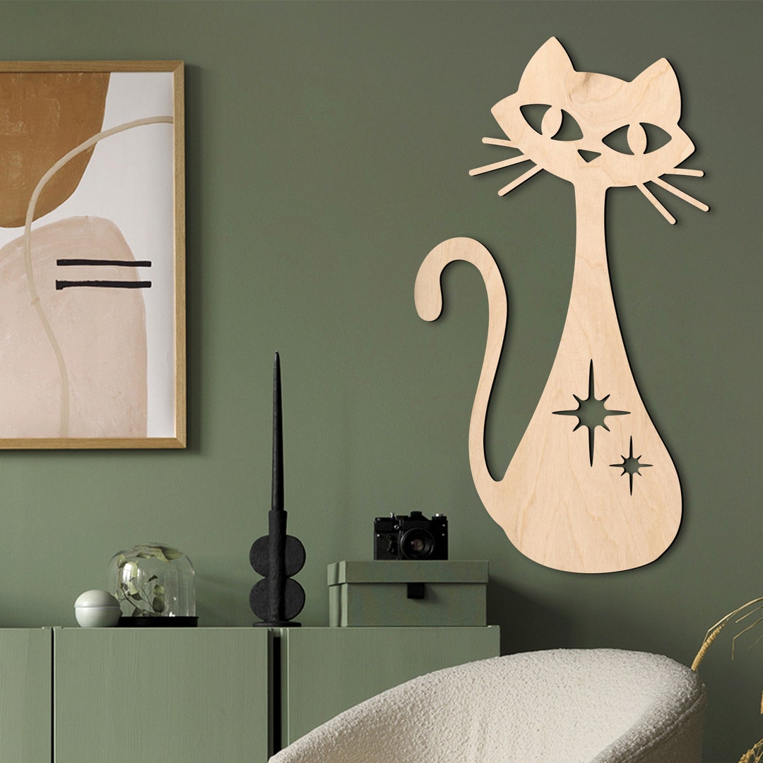 Mid Century Modern Atomic Cat Wall Art Wooden, Atomic Cat Decor, Atomic ...