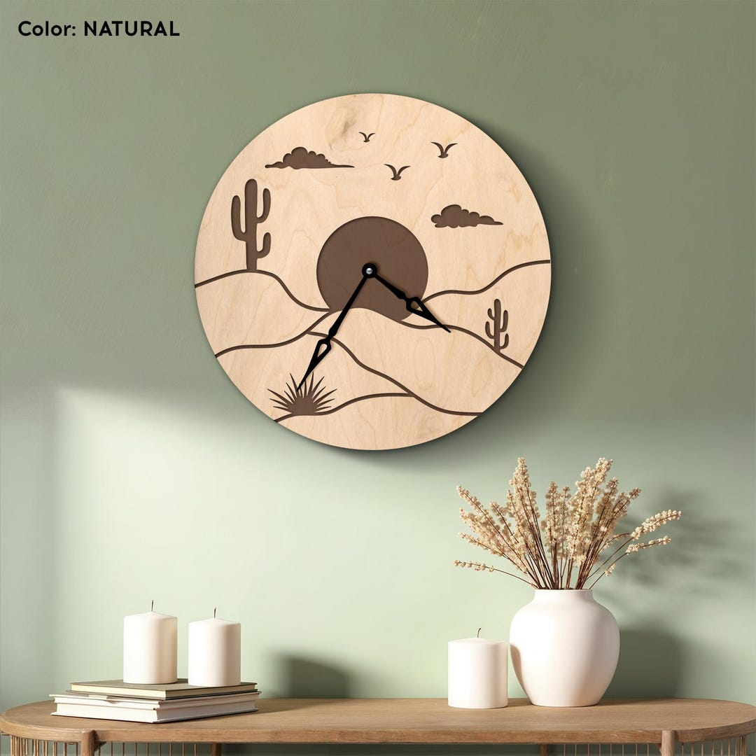 Desert and Sun Wall Clock, Cactus Wall Clock, Oversized Wooden Clock ...