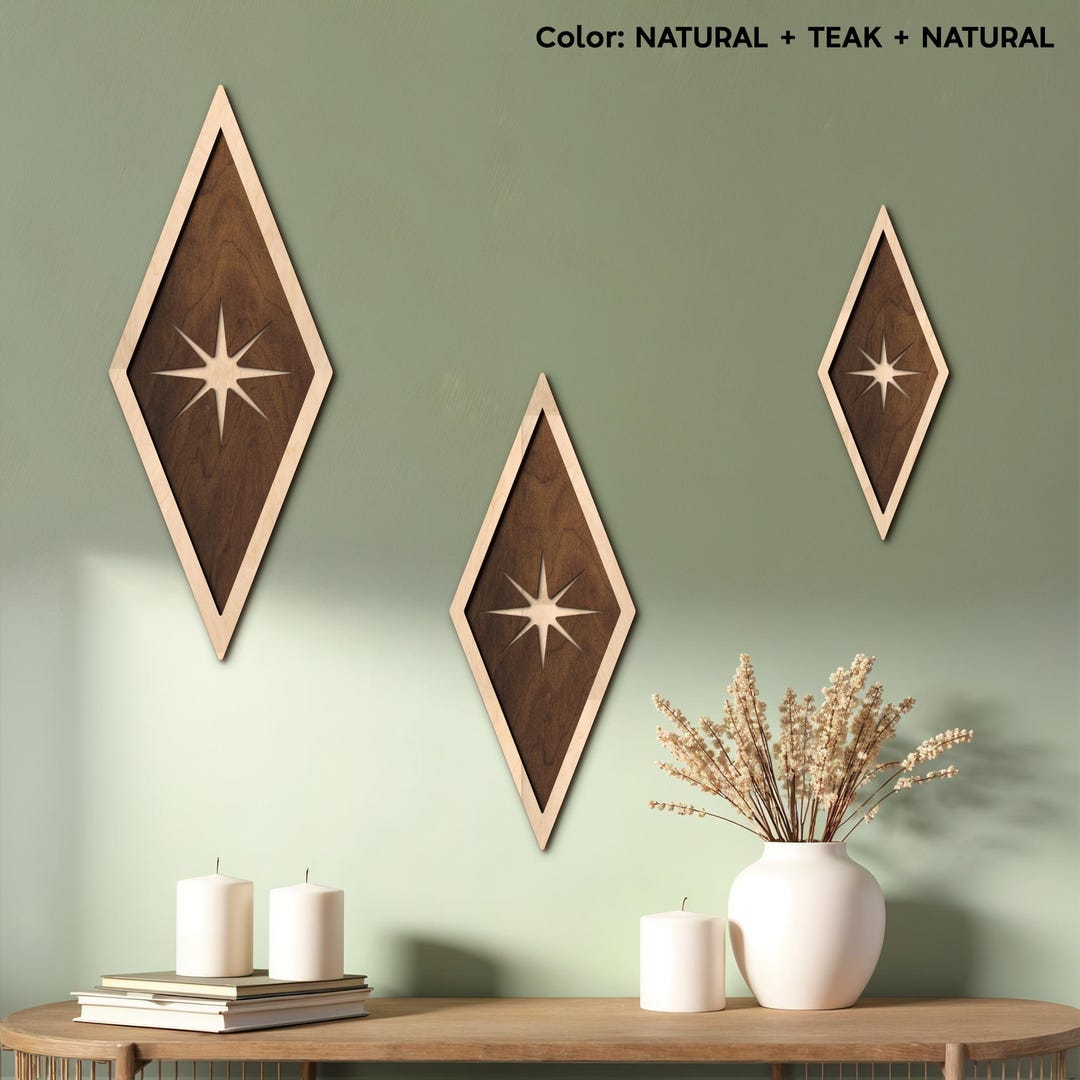 Mid Century Modern Wall Art,diamonds Wall Decor Set,mcm Atomic Wood ...