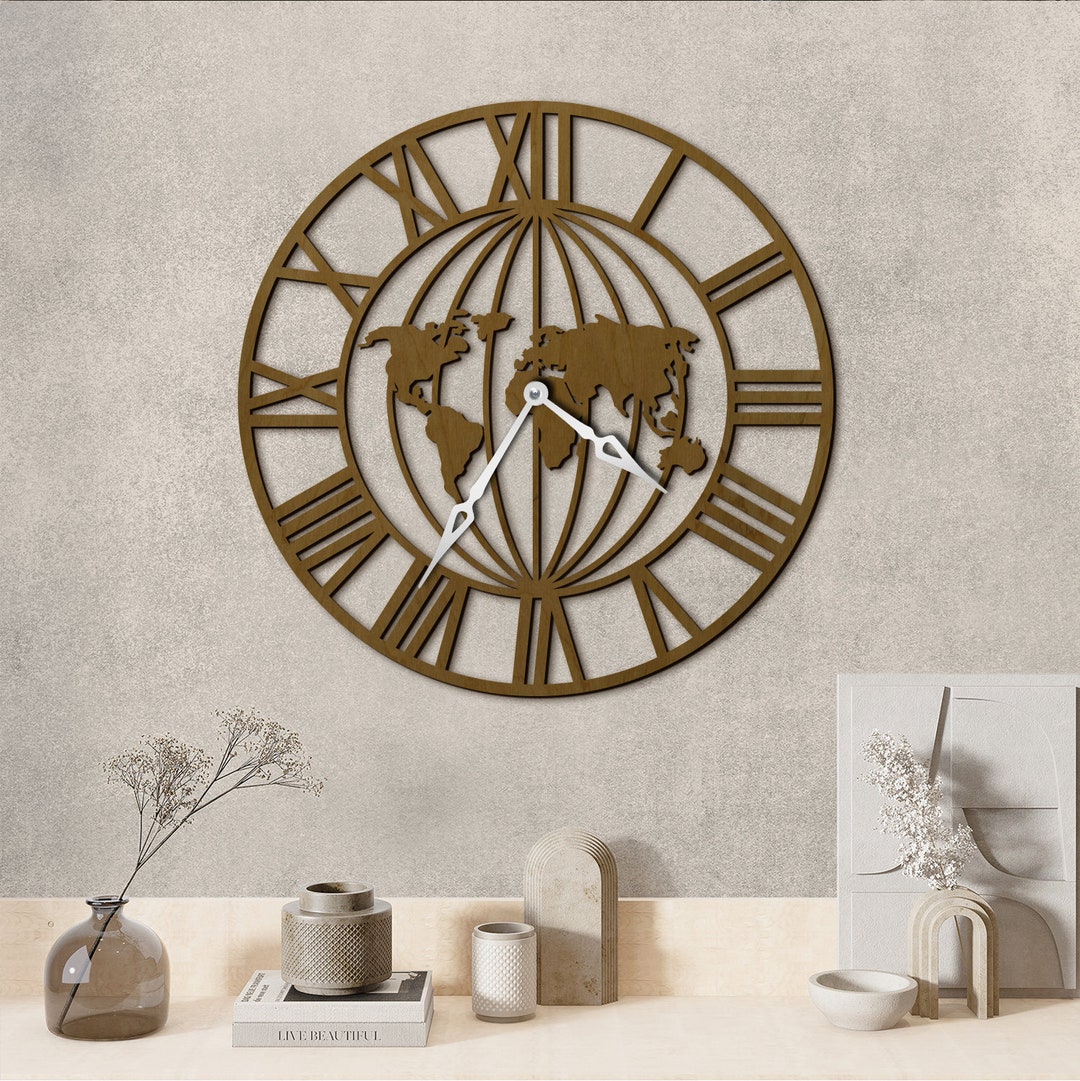 World Map Clock, Globe Clock, Wooden Wall Clock, Earth Wall Clock ...