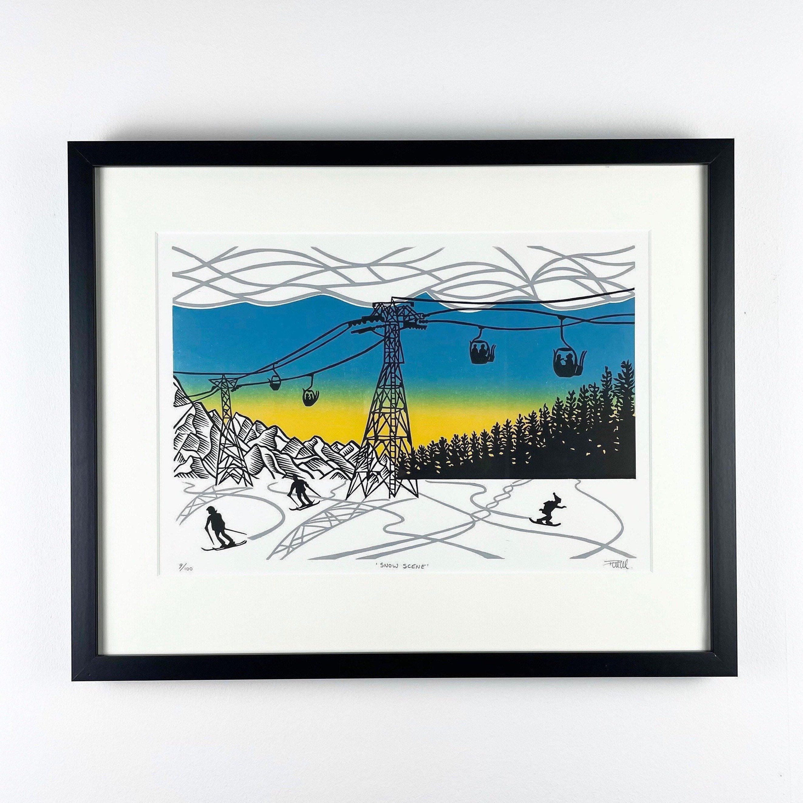 Snow Scene Original Linocut Print, A3 Print, Skiing Art, Sunset Linocut ...