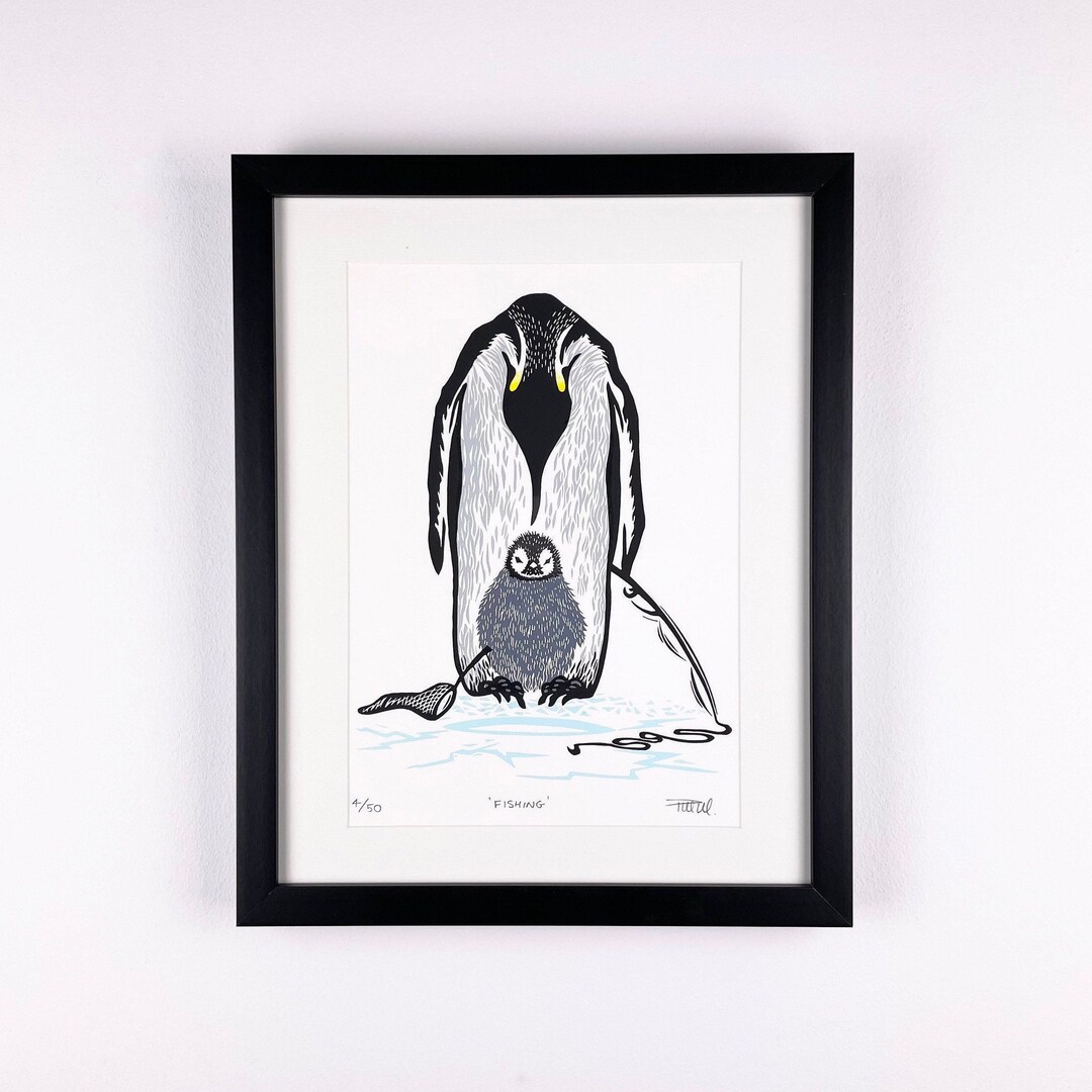 Fishing Original Linocut Print, Penguin Print, Penguin Art, Linocut ...