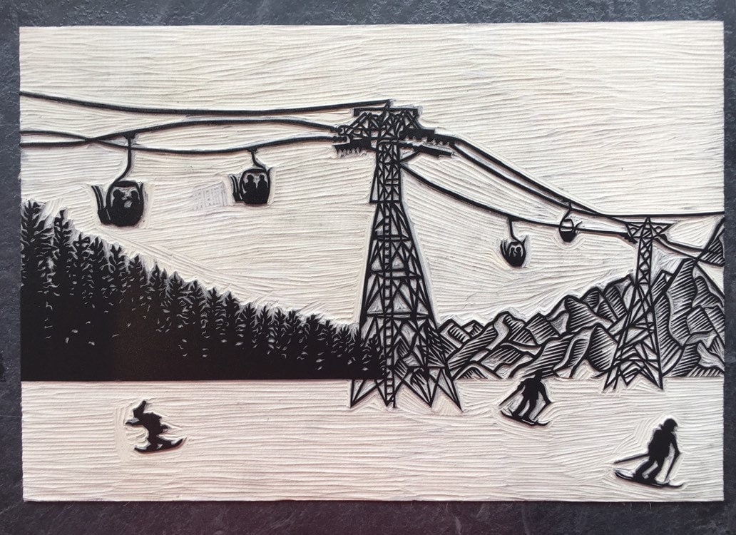 Snow Scene Original Linocut Print, A3 Print, Skiing Art, Sunset Linocut ...