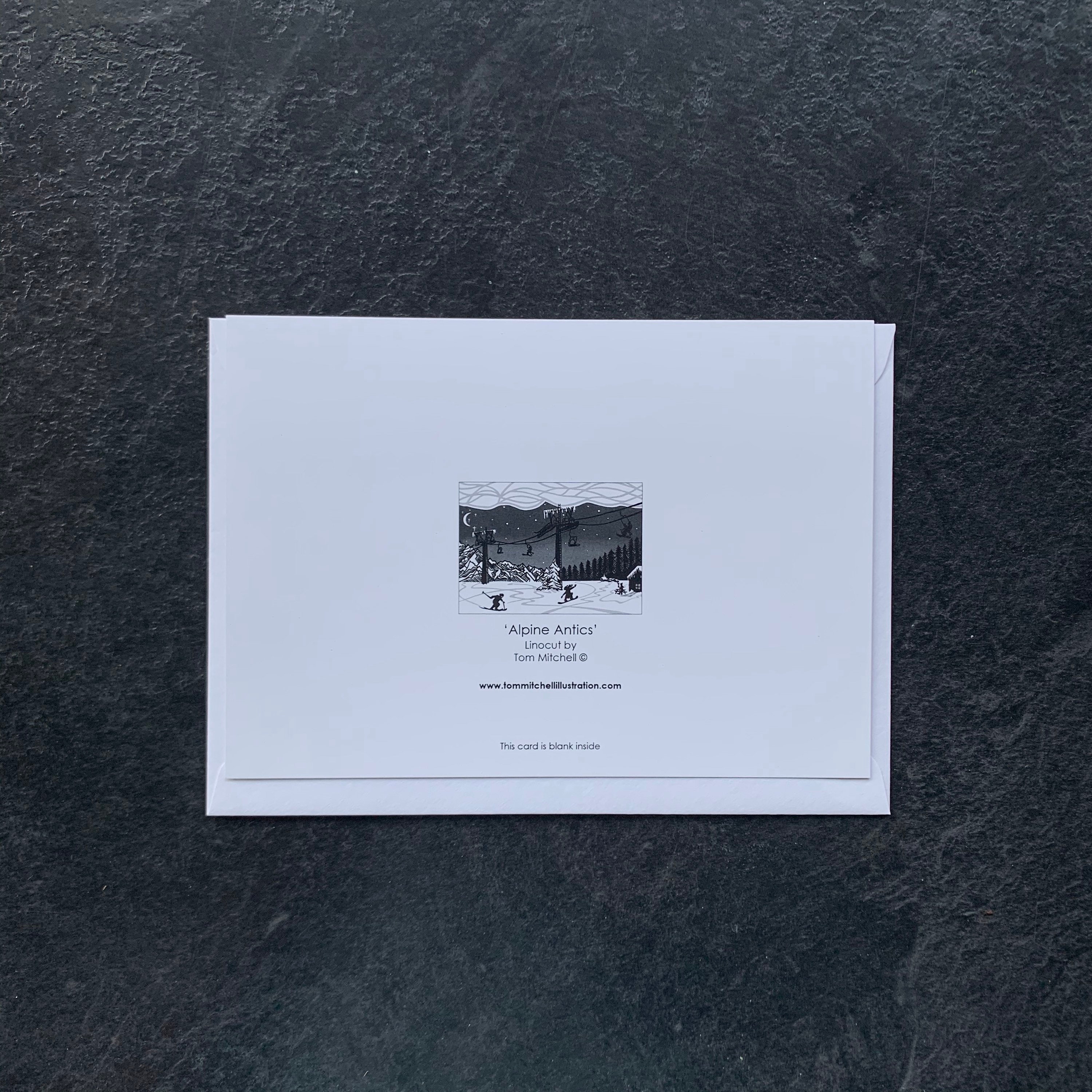 Alpine Antics Greetings Card, Alpine Print, Skiing Card, Linocut Card ...