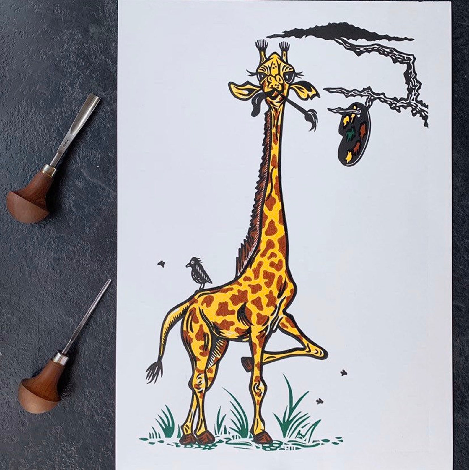 Giraffe Original Linocut Print Giraffe Print Giraffe Art - Etsy