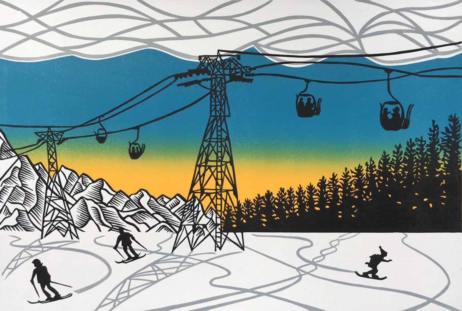 Snow Scene Original Linocut Print, A3 Print, Skiing Art, Sunset Linocut ...