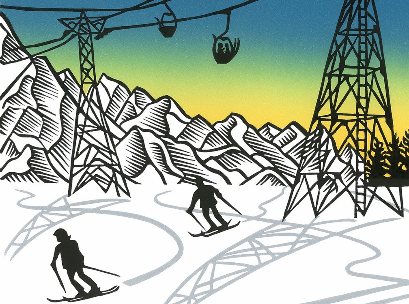 Snow Scene Original Linocut Print, A3 Print, Skiing Art, Sunset Linocut ...