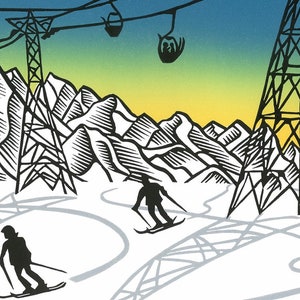 Snow Scene Original Linocut Print, A3 Print, Skiing Art, Sunset Linocut ...