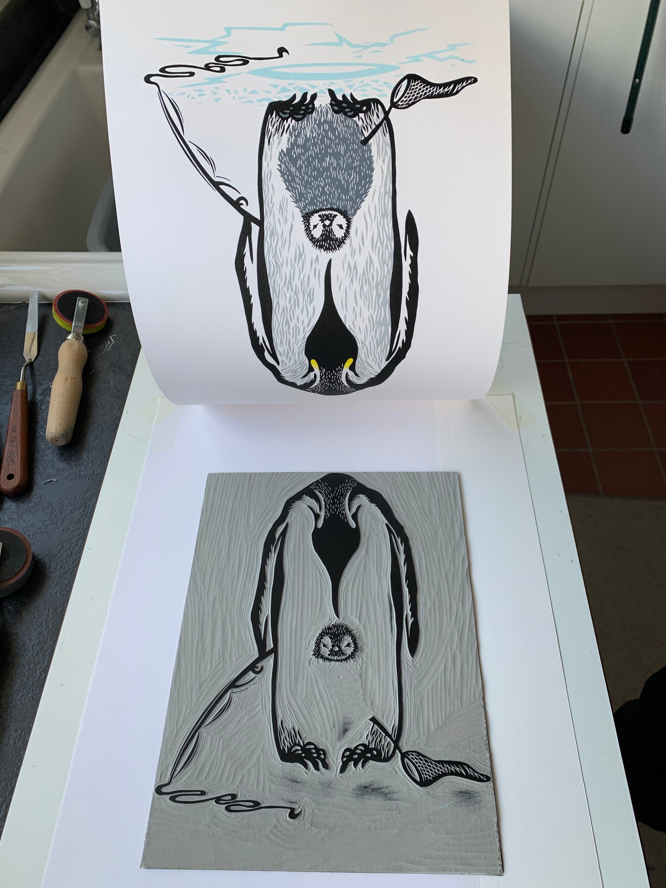 Fishing Original Linocut Print, Penguin Print, Penguin Art, Linocut ...