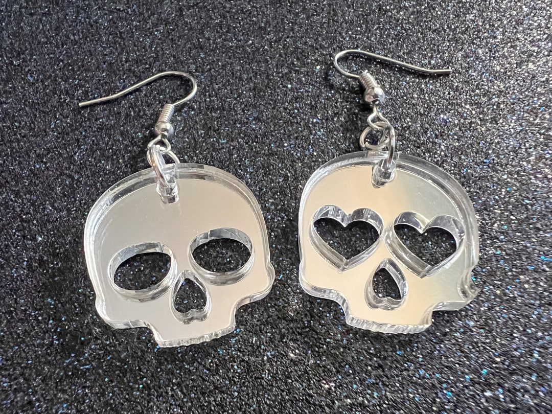 Mirror Skull Earrings With Heart: Laser Cut Acrylic Skulls, Halloween ...