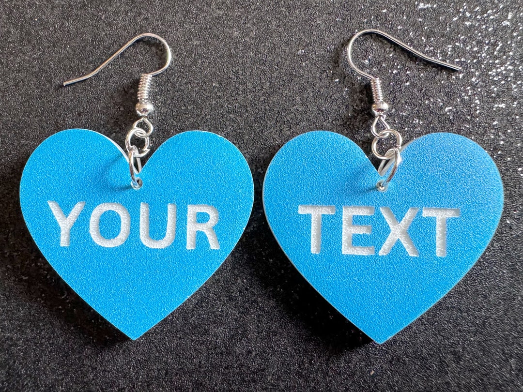 Custom Text Earrings: Laser Engraved Words, Blue With White Text ...