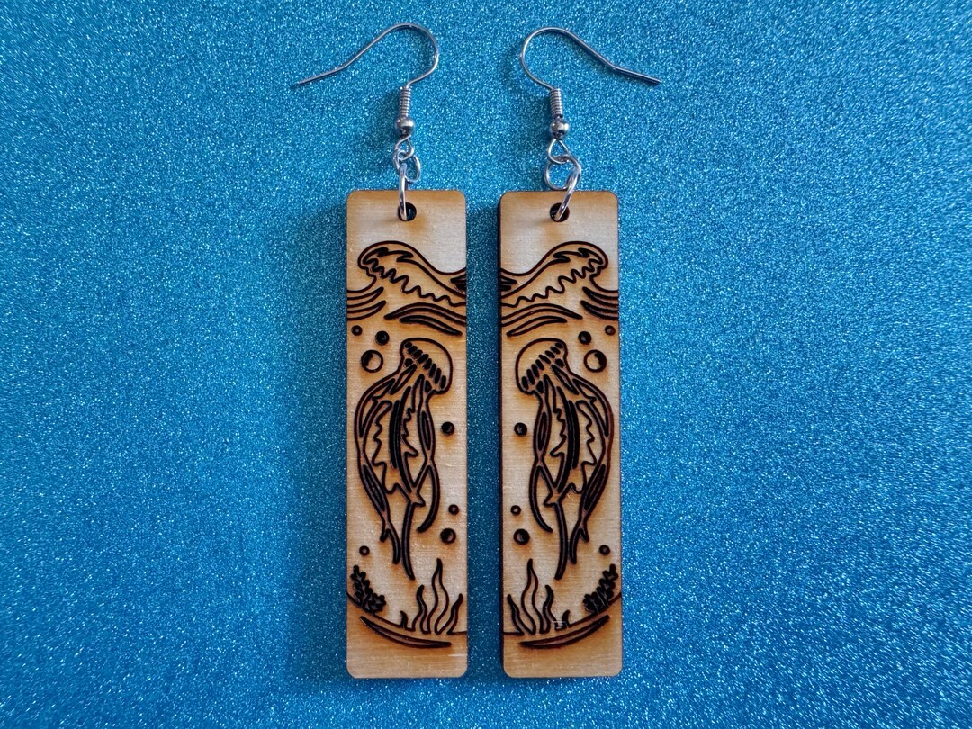Jellyfish Earrings: Laser Cut Wood Sea Creature, Waves, Ocean, Seaweed ...