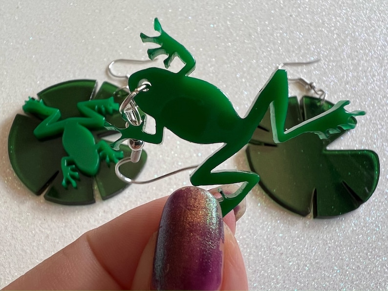 Frog on Lily Pad Earrings: Laser Cut Acrylic Green Frogs, Lily Pads, Fall Earrings, Animals ...