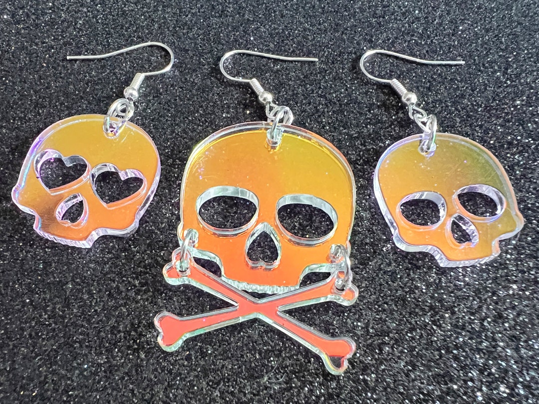Iridescent Skull Earrings With Heart: Laser Cut Acrylic Skulls ...