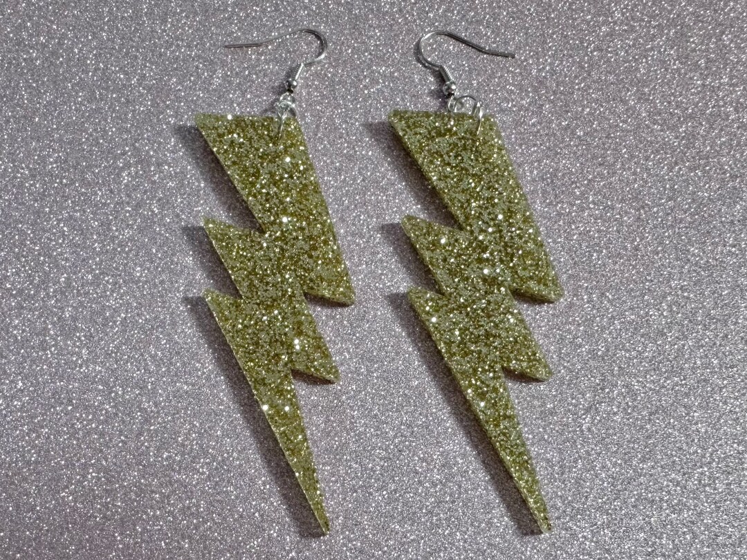 Large Glittery Gold Large Lightning Earrings: Laser Cut Acrylic ...