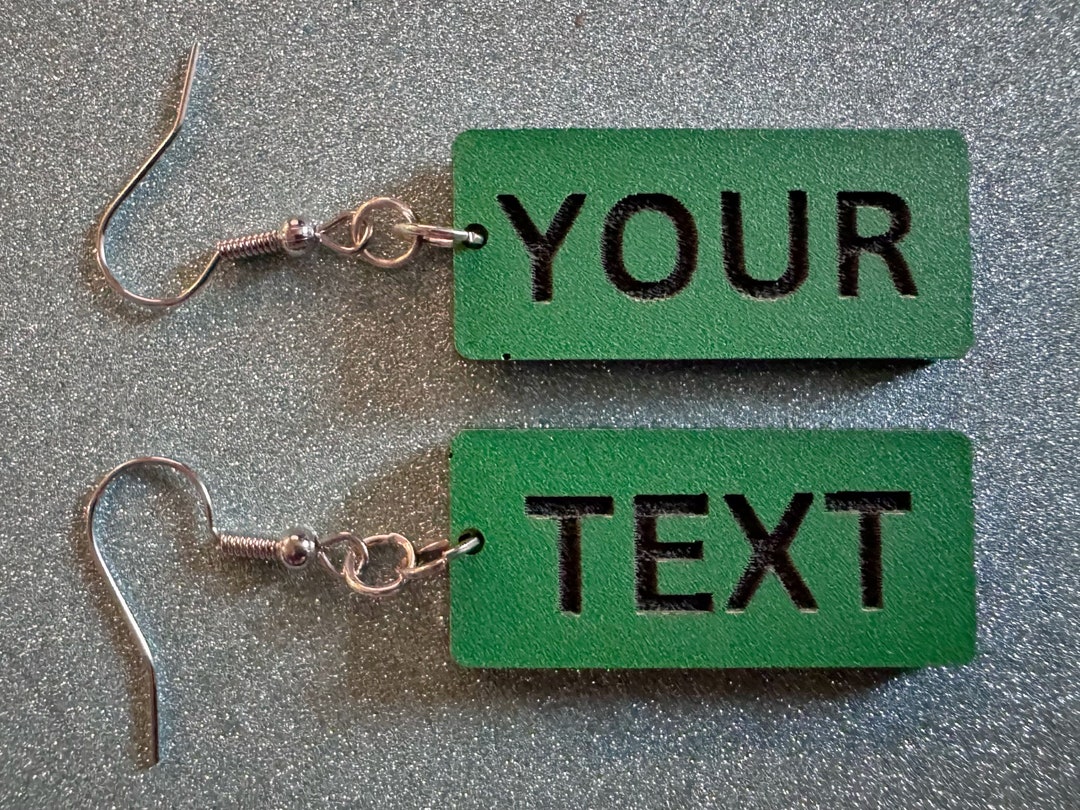 Custom Text Earrings: Laser Engraved Words, Green With Black Text ...