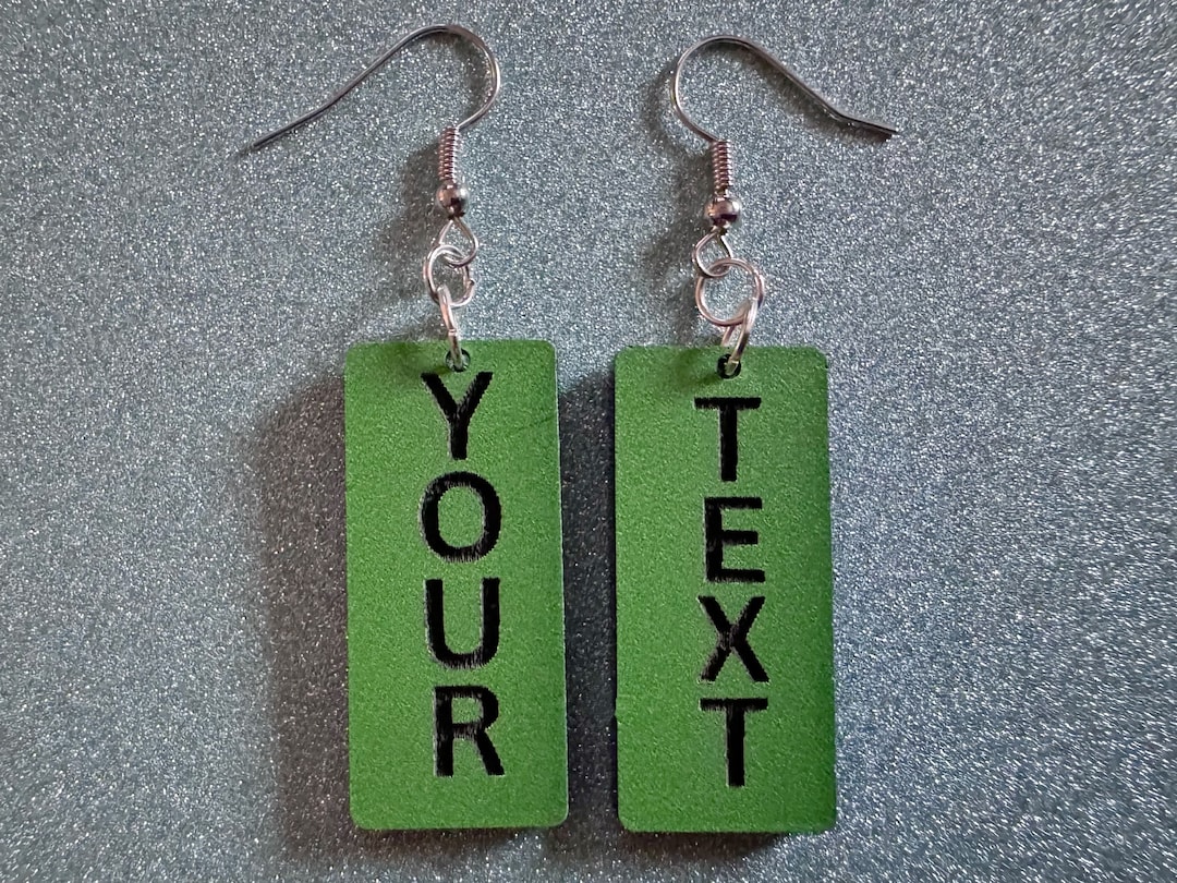 Custom Text Earrings: Laser Engraved Words, Green With Black Text ...