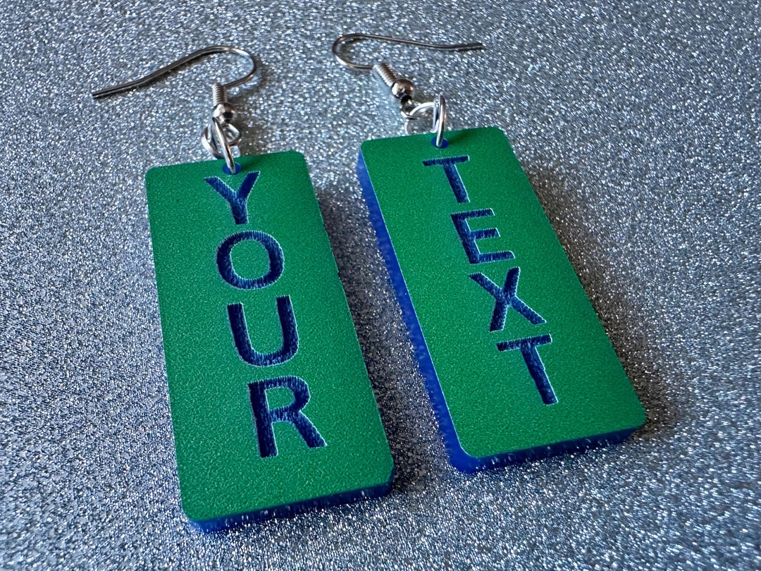 Custom Text Earrings: Laser Engraved Words, Green With Blue Text ...