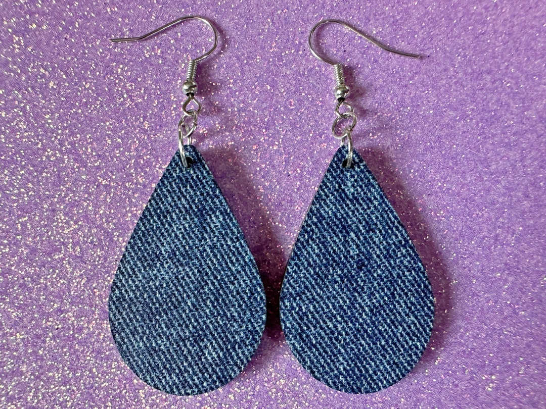 Blue Denim Earrings: Faux Jean Fabric, Laser Cut Acrylic Jeans, Fashion ...