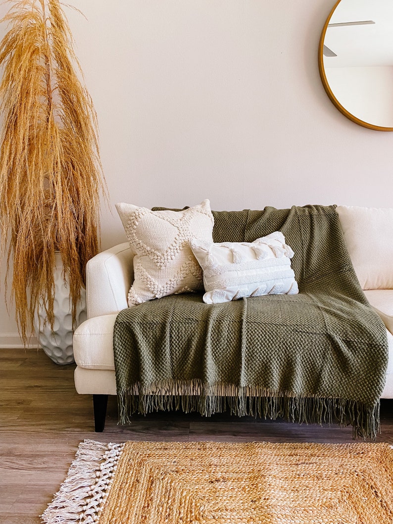 Olive Green Throw Blanket Green Fringe Blanket Rustic | Etsy