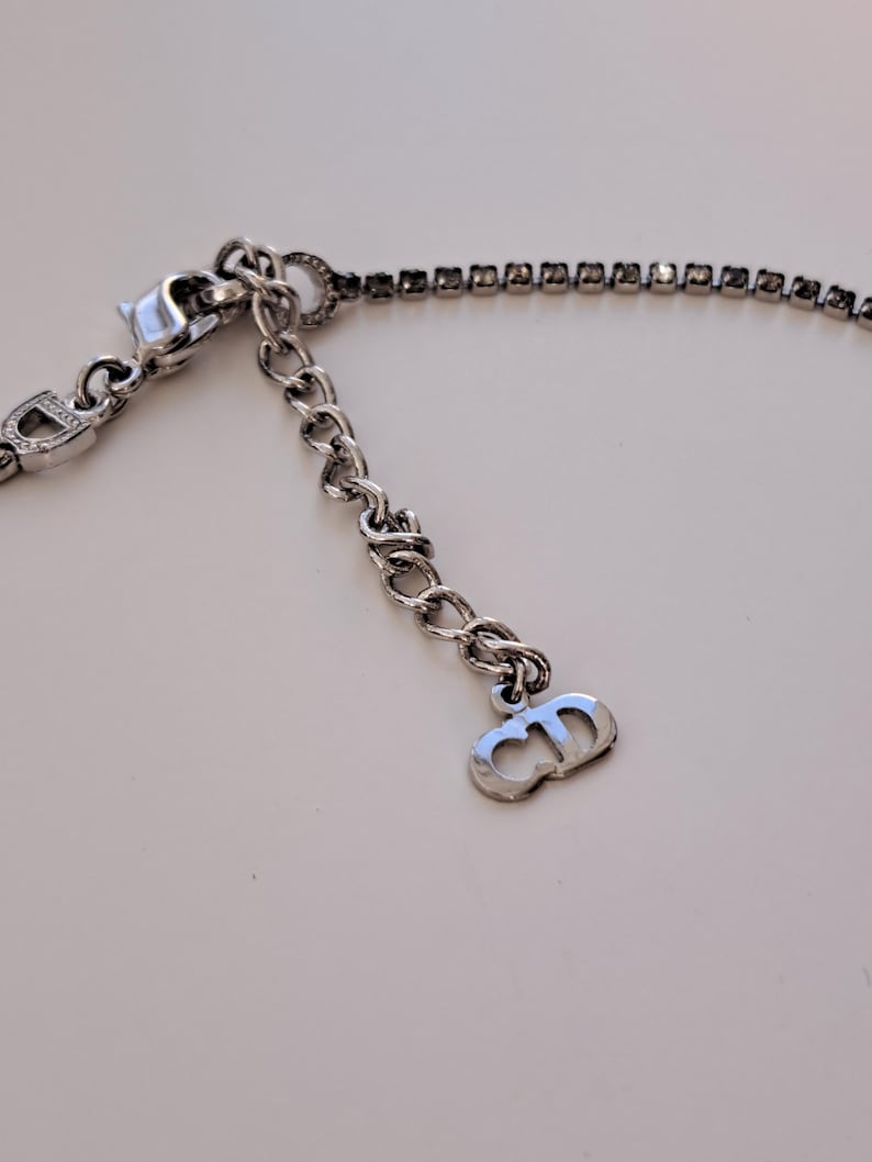 Christian Dior Vintage Diamante Dog Tag Pendant Necklace 1990's. Silver ...