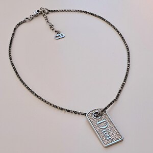 Christian Dior Vintage Diamante Dog Tag Pendant Necklace 1990's. Silver ...