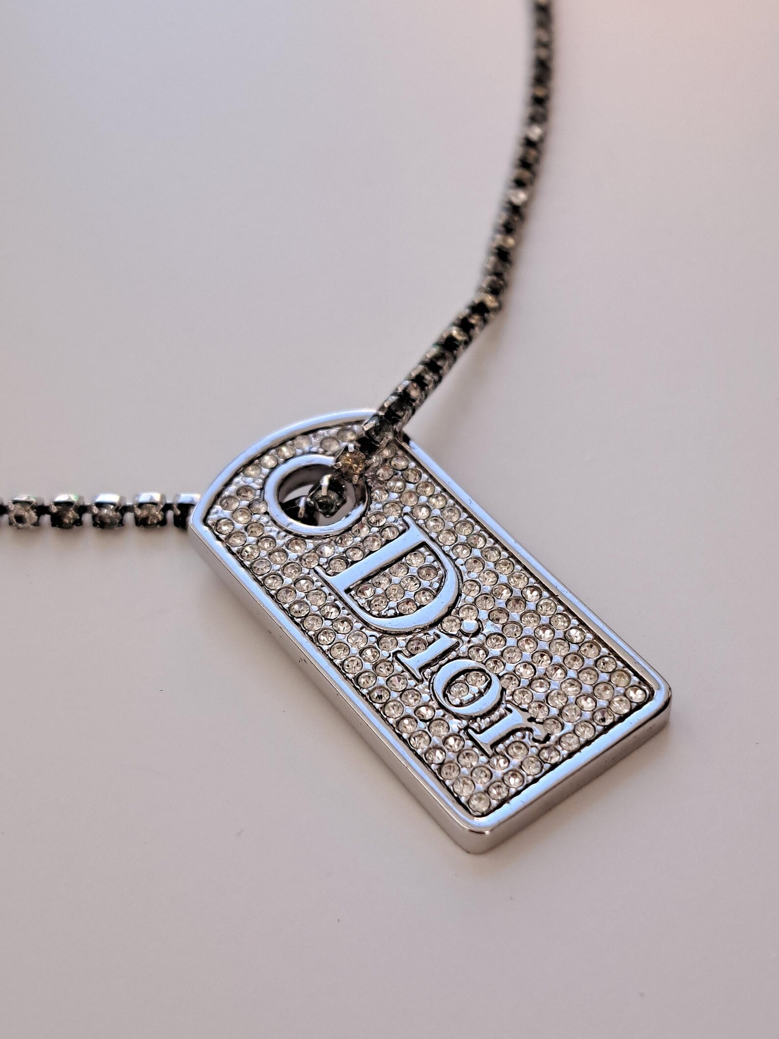 Christian Dior Vintage Diamante Dog Tag Pendant Necklace 1990's. Silver ...
