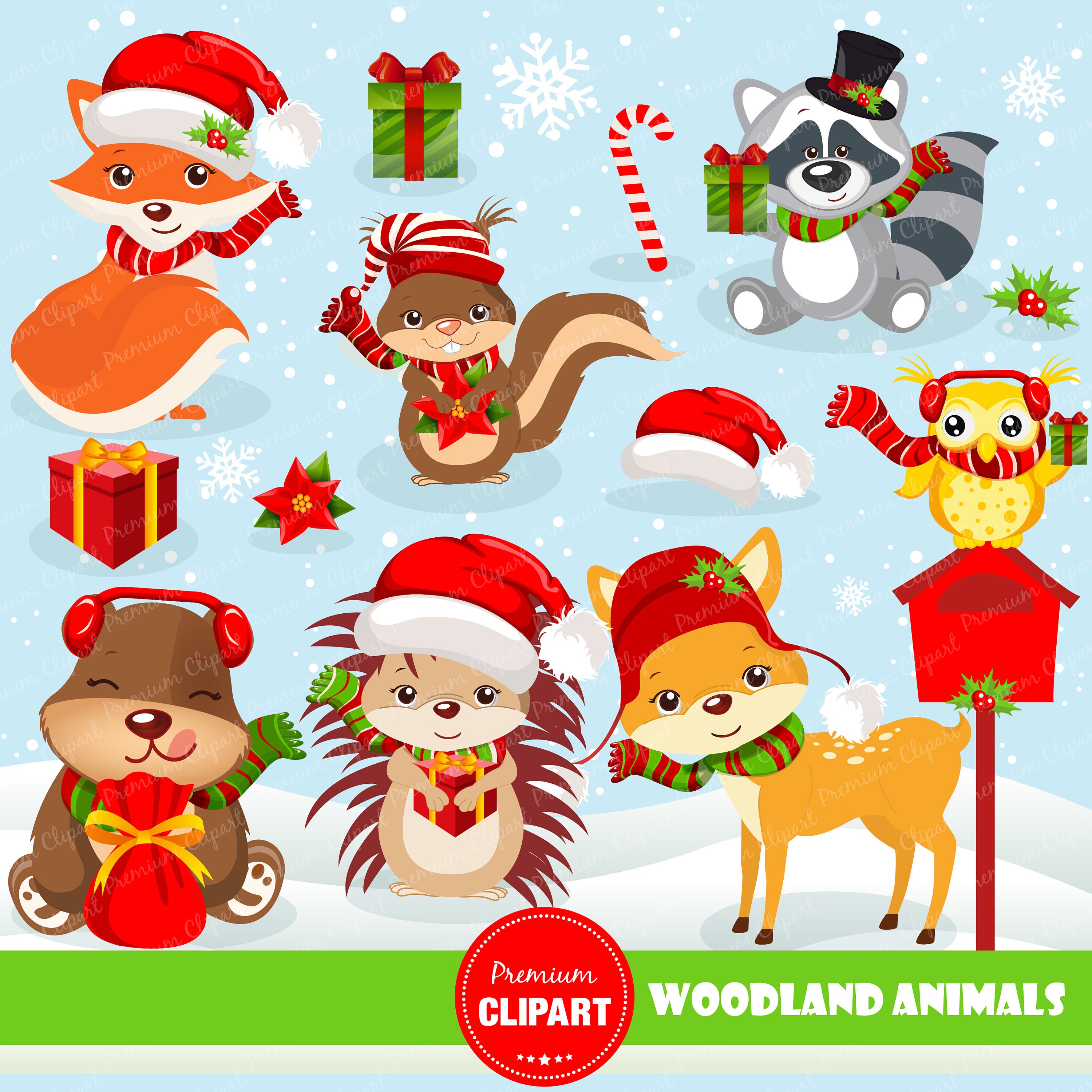 Christmas Woodland Animals Clipart Commercial Use Christmas | Etsy