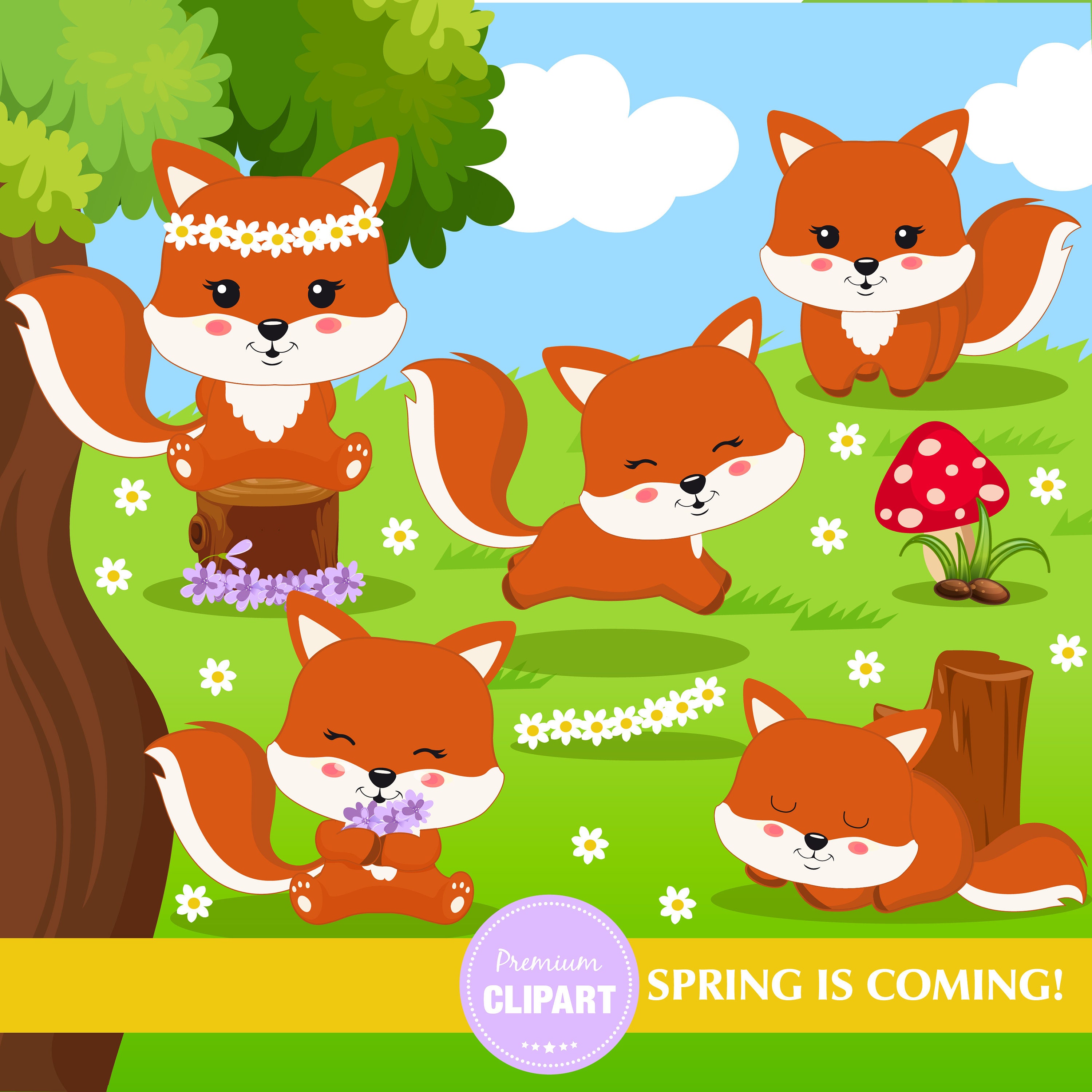 Spring clipart Fox clipart Spring flower clipart Forest | Etsy