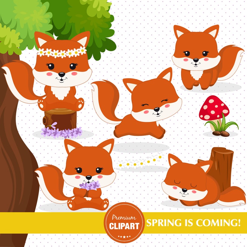 Spring clipart Fox clipart Spring flower clipart Forest | Etsy