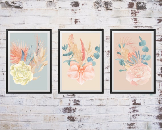 Boho Watercolor Flower Wall Art Set Printable Wall Art | Etsy