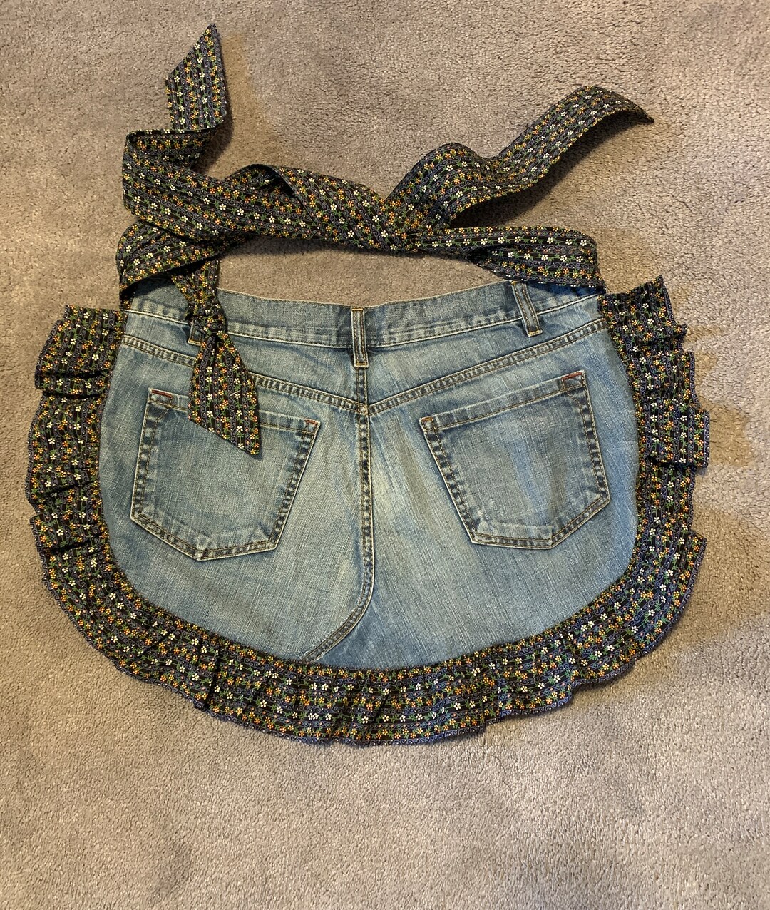 Repurposed Denim Jeans Apron, Hand Crafted W/calico Ruffle Trim! Large ...