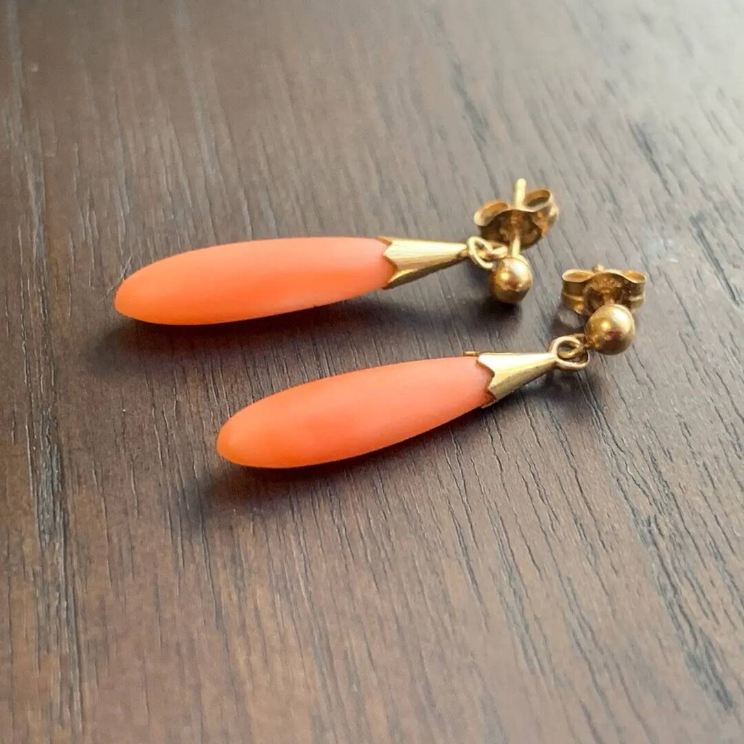 ROSEATE Vintage Solid Gold and Coral Drop Earrings - Etsy