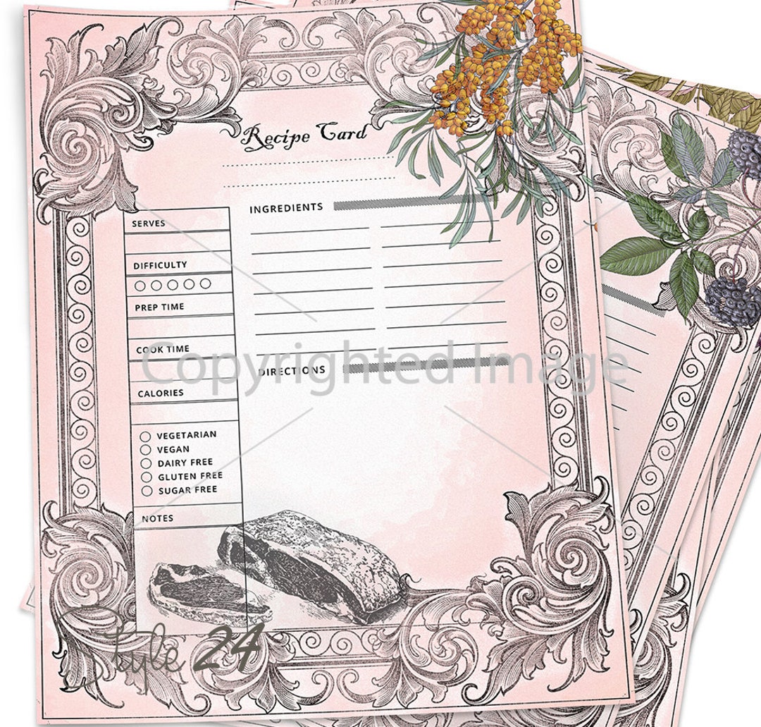 PRINTABLE Recipe Card Set Kitchen Cook Book Collection Shabby Chic ...