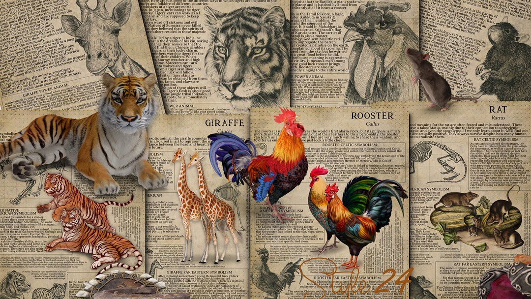 Printable Animal Symbology Art No.9: Tiger, Giraffe, Rat, Rooster ...