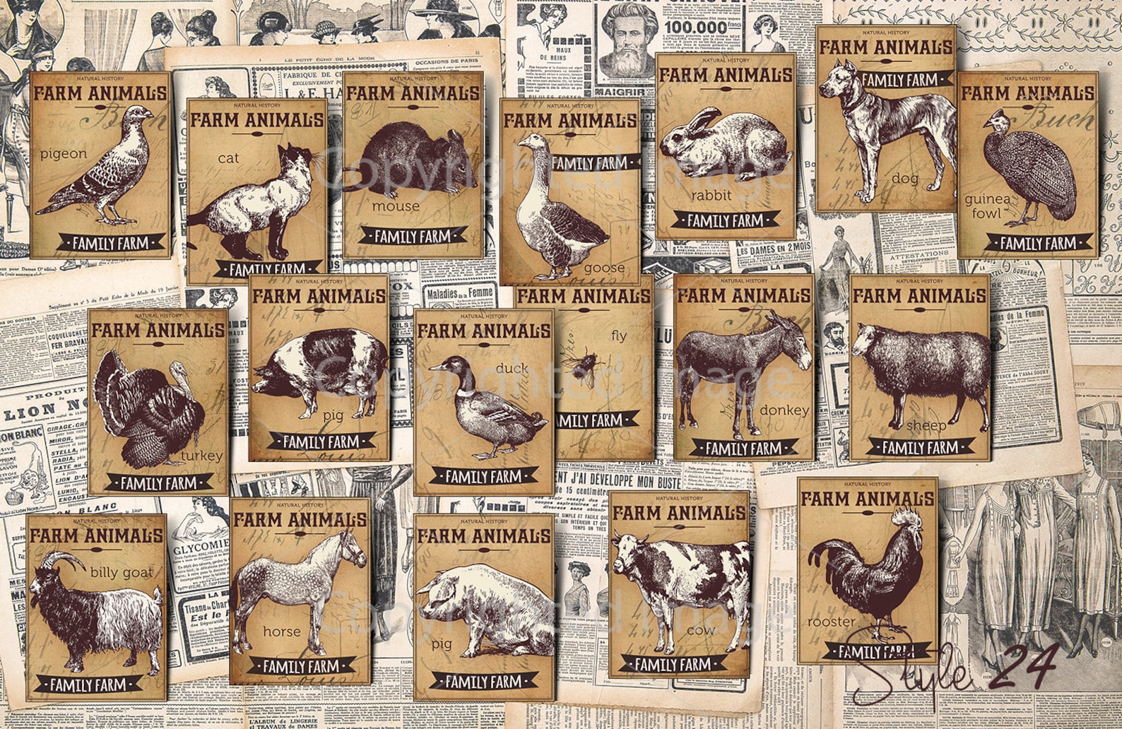 18 Large Vintage Farm Animals Collection Ephemera Scrapbook Digital ...