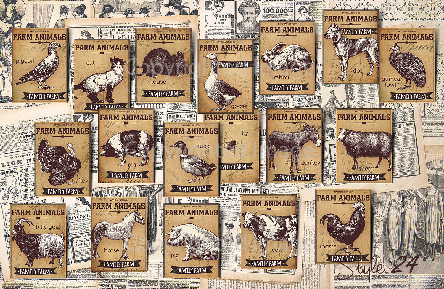 18 Large Vintage Farm Animals Collection Ephemera Scrapbook Digital ...